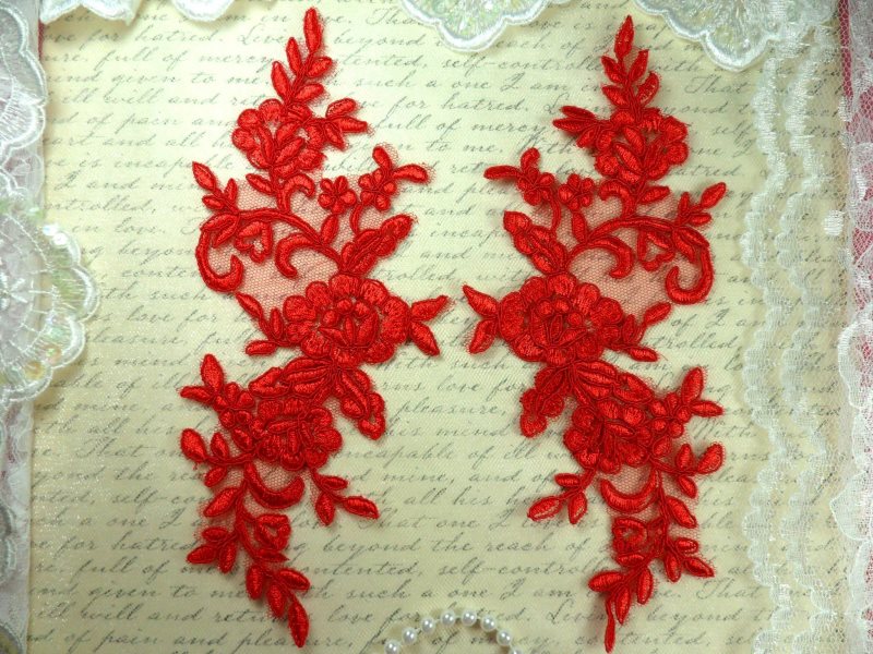 Mirror Pair Antique Red Floral Venise Lace Embroidered Appliques