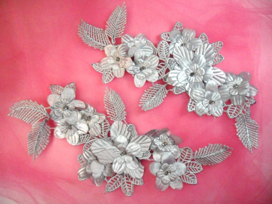 Venice Lace 3D Silver Applique Floral Venise Lace with Crystal Rhinestones