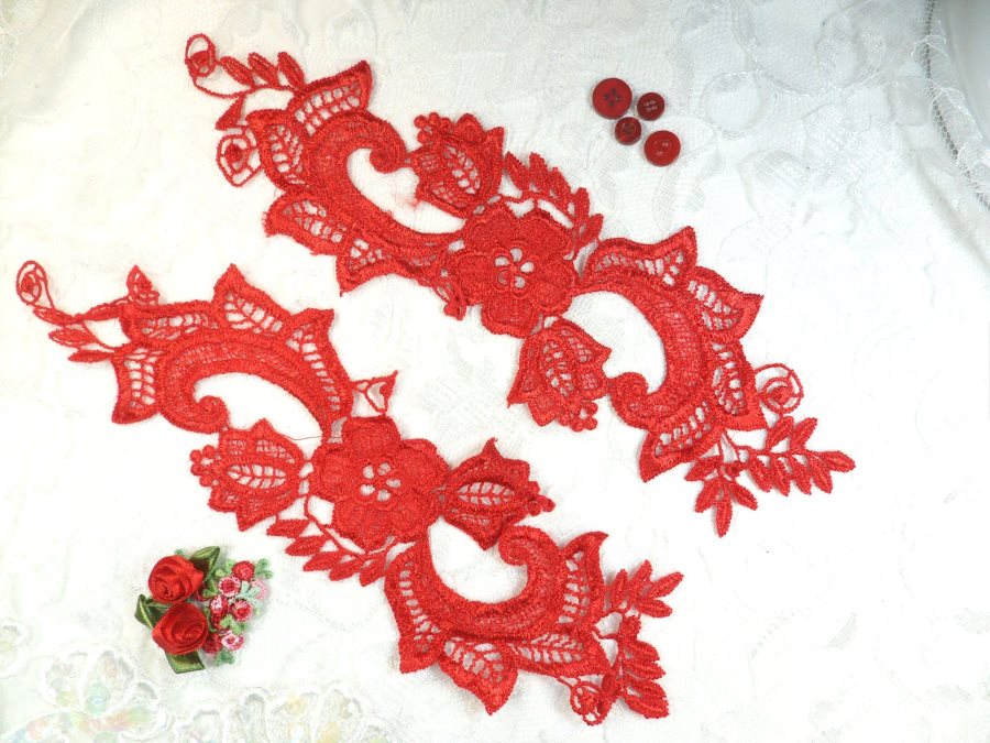Embroidered Lace Appliques Red Floral Venice Lace Mirror Pair