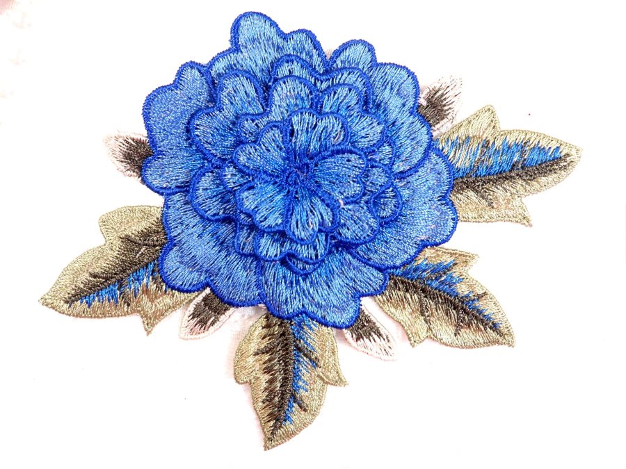 3D Floral Applique Blue Embroidered Flower WDark Blue Edging
