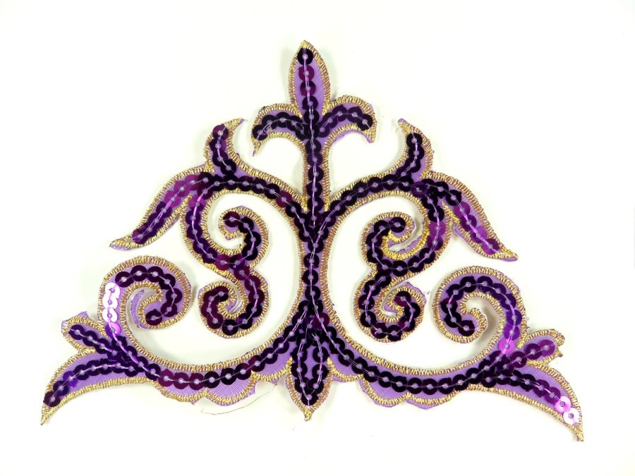 Sequin Applique Embroidered Edge Purple and Gold Motif Clothing Patch