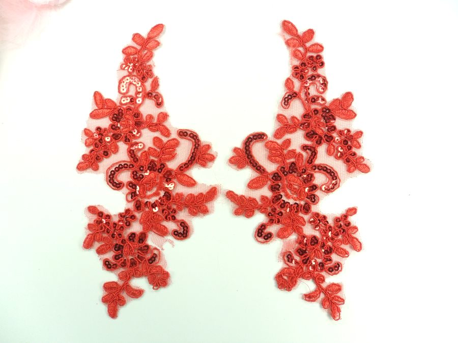 Embroidered Lace Sequin Appliques Red Floral Venice Lace Mirror Pair