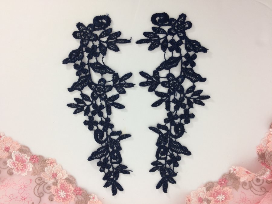 Embroidered Floral Applique Mirror Pair Navy Blue Clothing Patch Craft ...