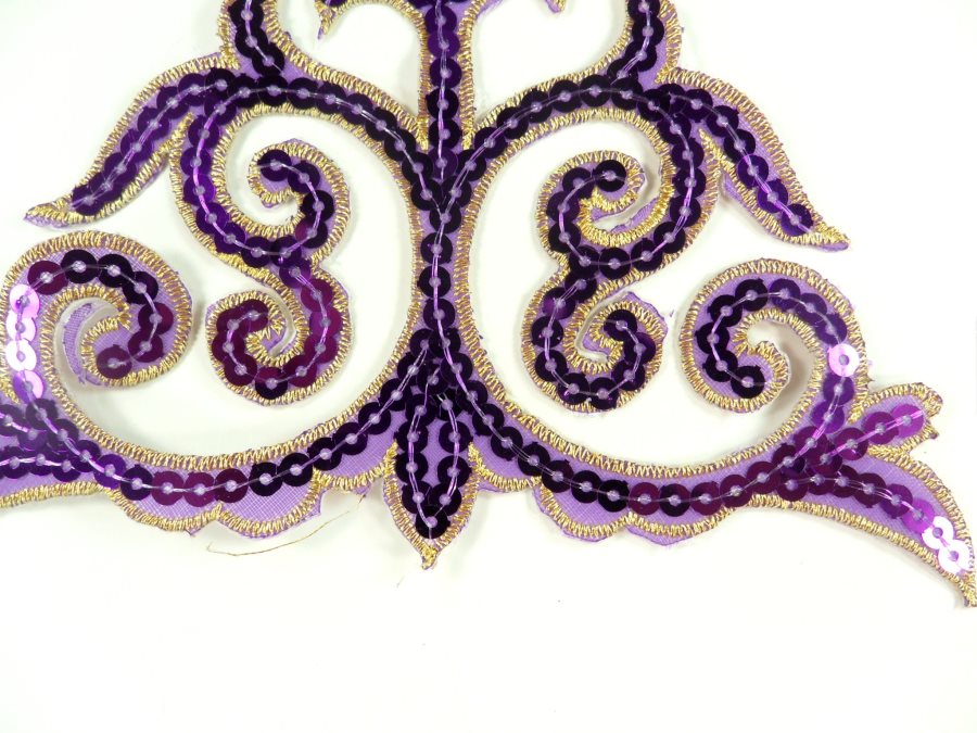 Sequin Applique Embroidered Edge Purple and Gold Motif Clothing Patch